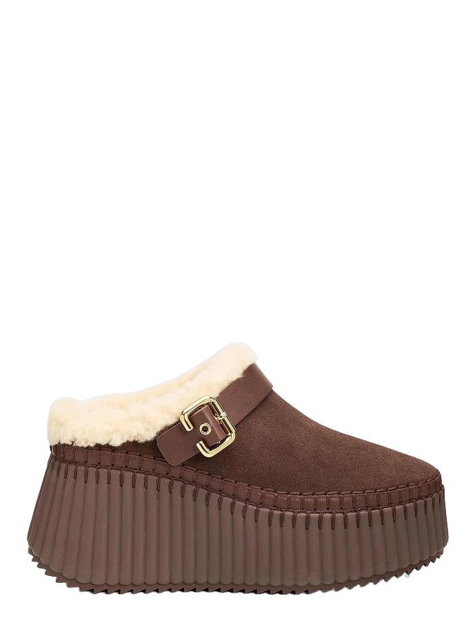 CHLOÉ nama shearling-trim suede mules